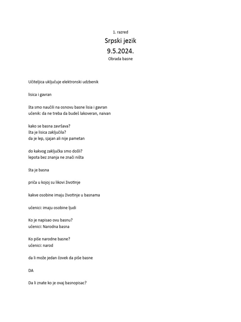 Srpski Obrada Teksta 1. Razred | PDF