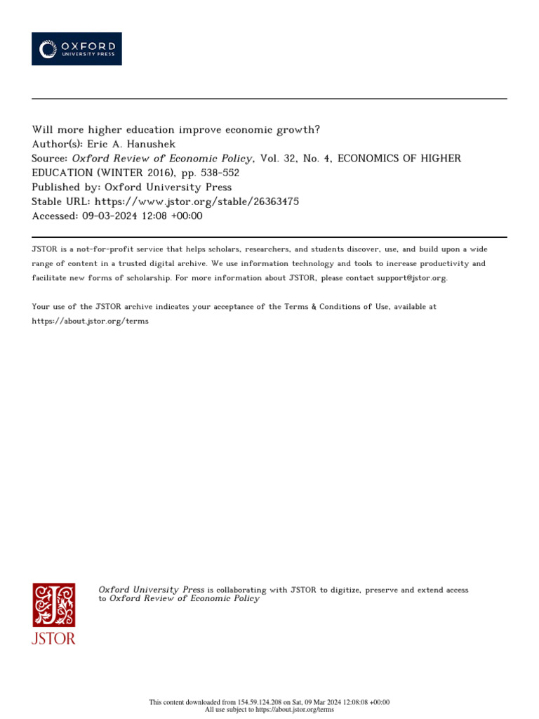 Hanushek Highereducationimprove 2016 | PDF | Economic Growth | Human ...