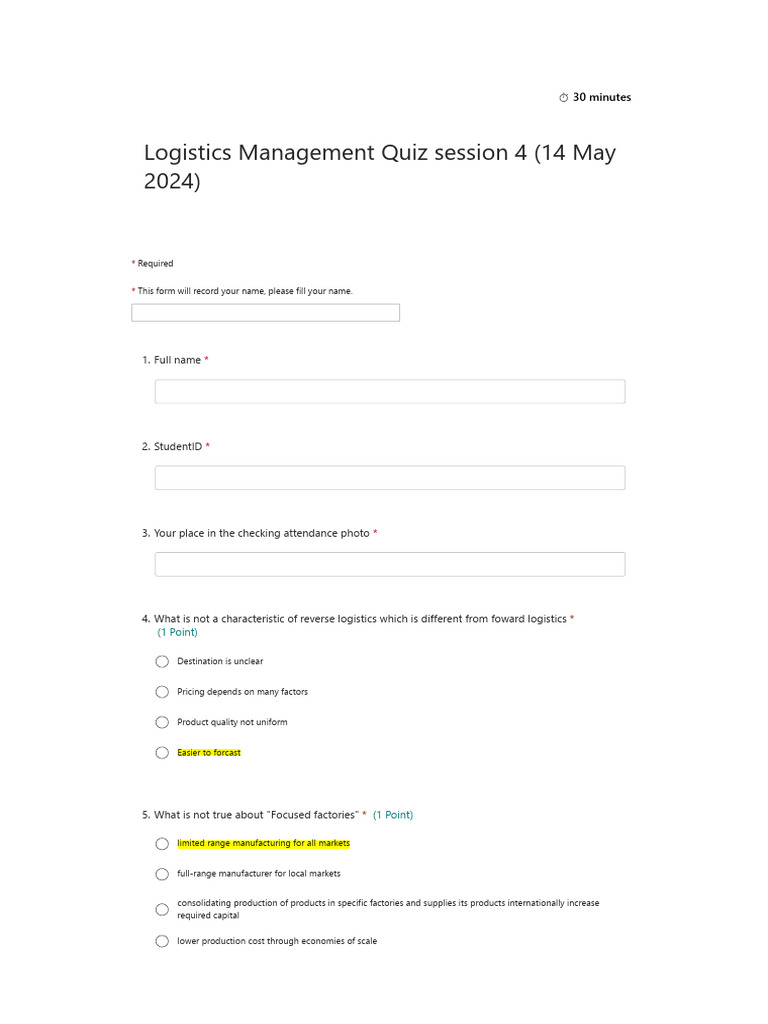 Quiz Session 4 | PDF | Logistics | Supply Chain