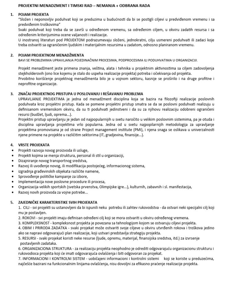Ispitna Pitanja - Projektni Menadzment I Timski Rad | PDF