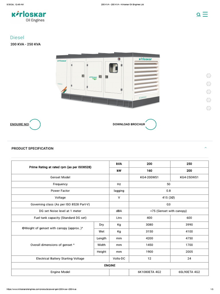 200 KVA - 250 KVA - Kirloskar Oil Engines LTD | PDF | Power (Physics) | Electric Power