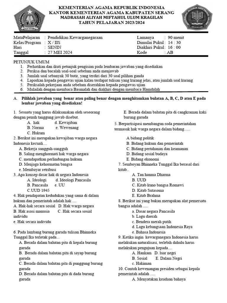 Soal PKN Pat 2024 | PDF