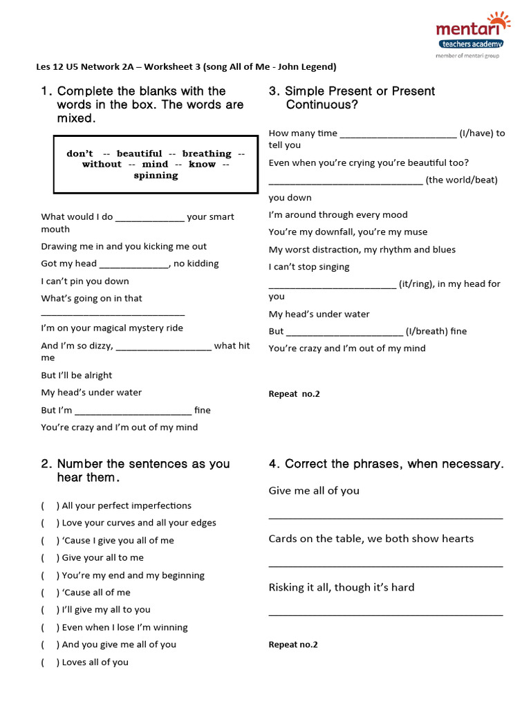 U5 Network 2A: All of Me Worksheet | PDF | Language Arts & Discipline