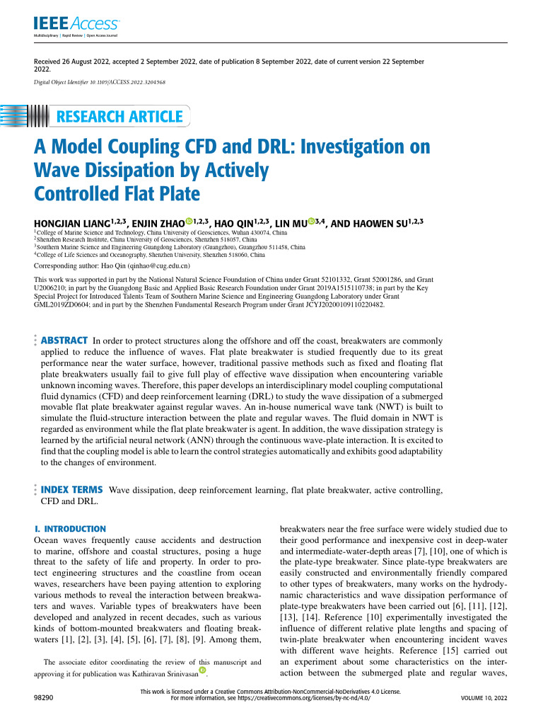 A Model Coupling CFD and DRL Investigation On Wave Dissipation by Actively Controlled Flat Plate ...