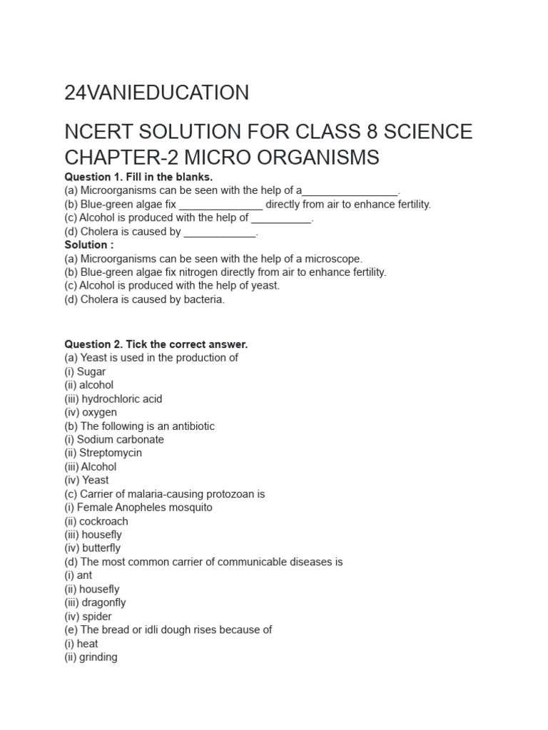 NCERT SOLUTION FOR CLASS 8 SCIENCE CHAPTER-2 MICRO ORGANISMS | PDF ...