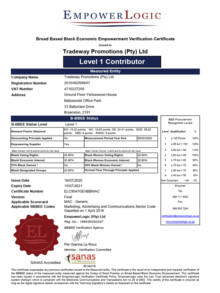 B-BBEE Certificate for Tradeway Promotions | PDF | Affirmative Action ...