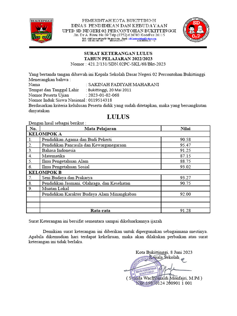 Surat Keterangan Lulus SD 2023 | PDF