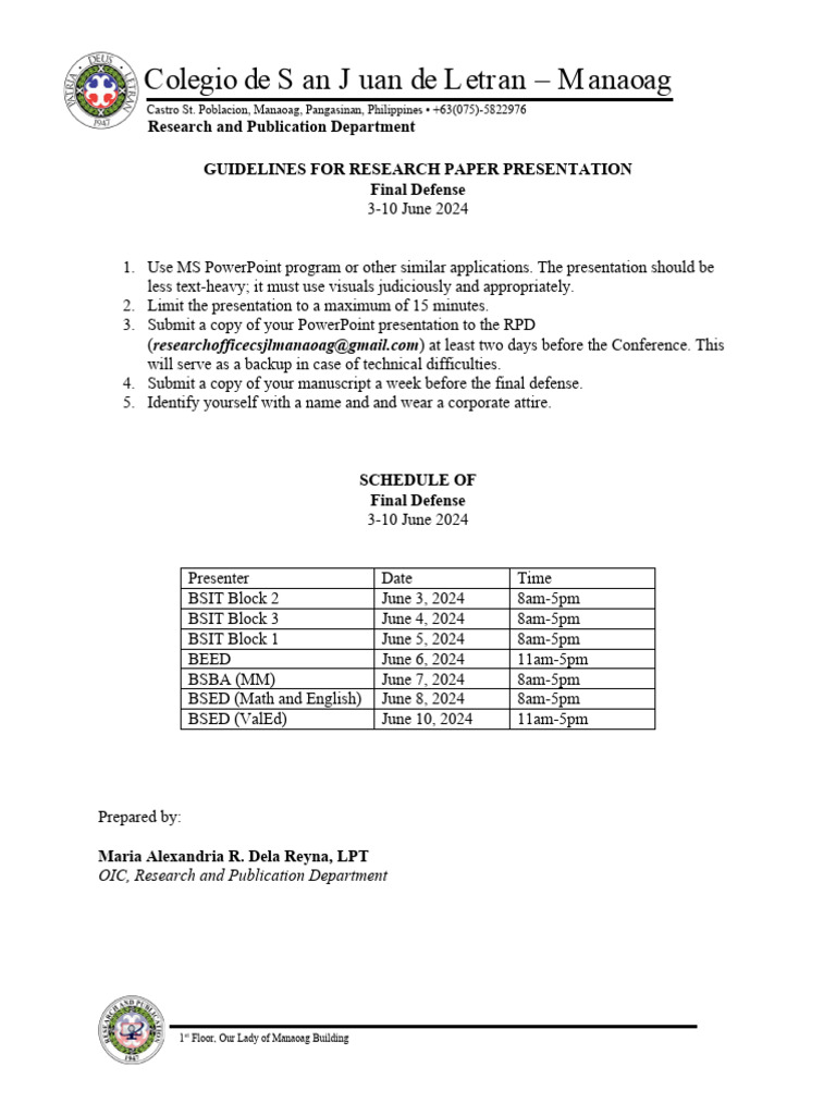 Guidelines and Schedule For Final Defense | PDF