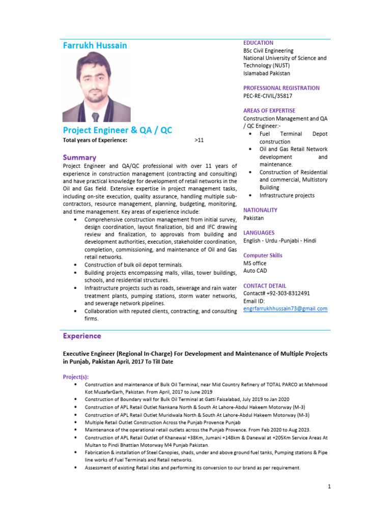 CV Farrukh Husssin Civil Engineer | PDF | Project Management | Construction Management