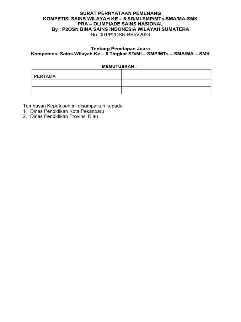 Surat Keputusan Penetapan Juara Lomba | PDF