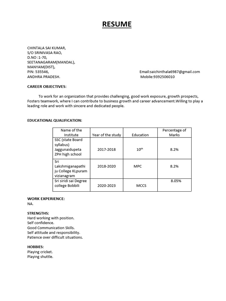 Chintala Sai Fresh Resume | PDF