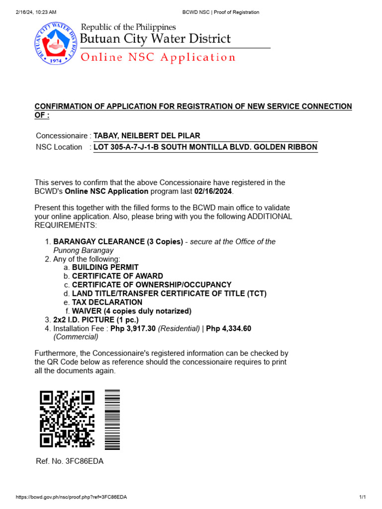 BCWD NSC _ Proof of Registration | PDF