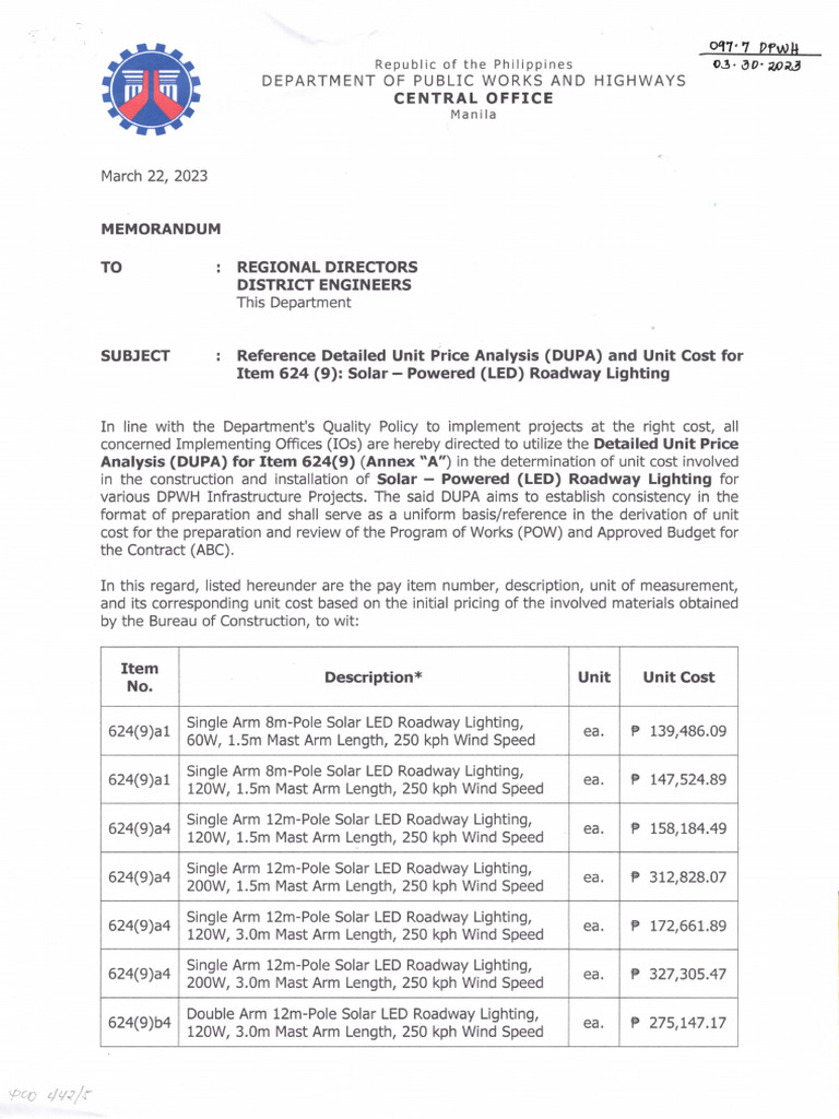 Memo 097.7 - 032223 - Reference DUPA & Unit Cost For Item 624 (9) Solar ...