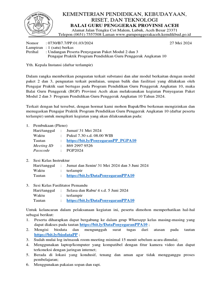 Undangan Penyegaran PP A10 BGP Aceh | PDF