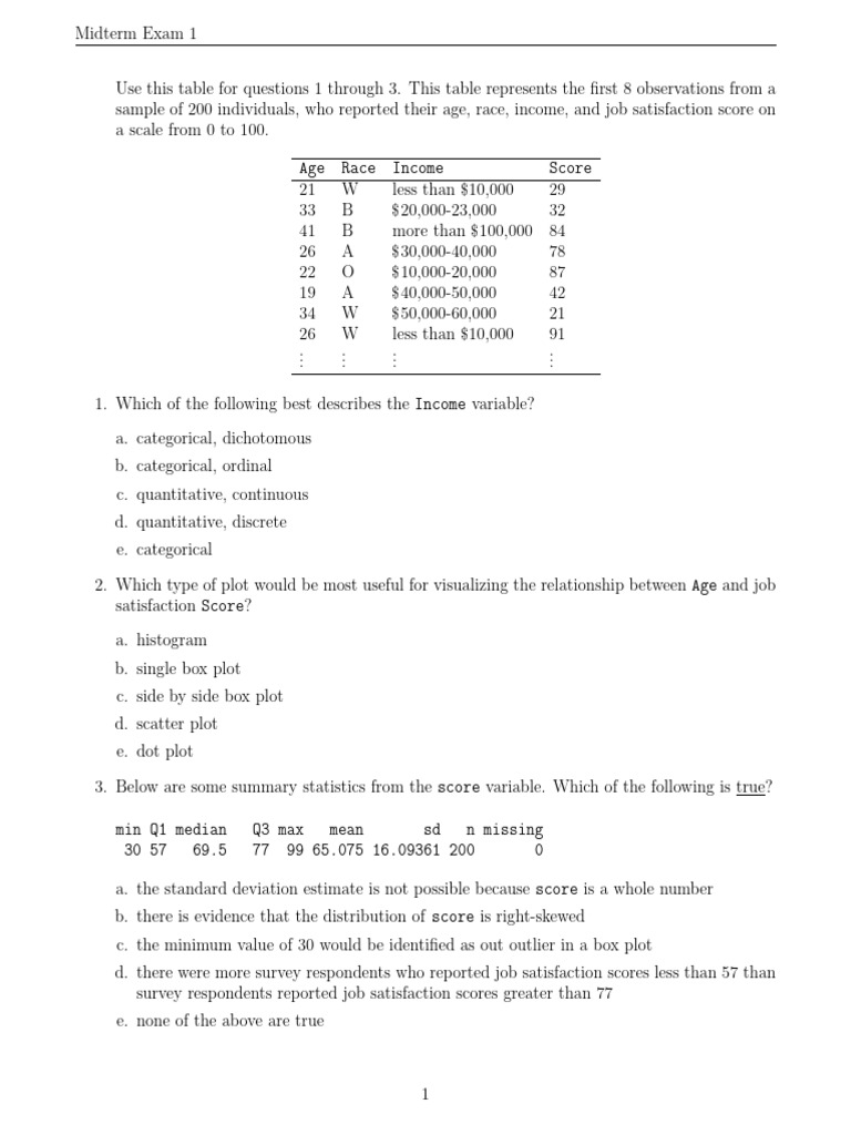 Midterm 1 | PDF | Median | Standard Deviation
