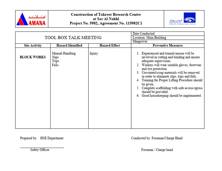Tool Box Talk For Block Works | PDF