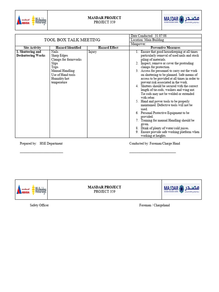 TOOL BOX TALK For Shuttering | PDF | Occupational Safety And Health ...