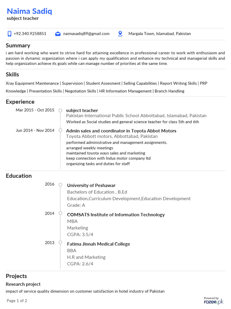 Rozee CV 2230952 Naima Sadiq | PDF
