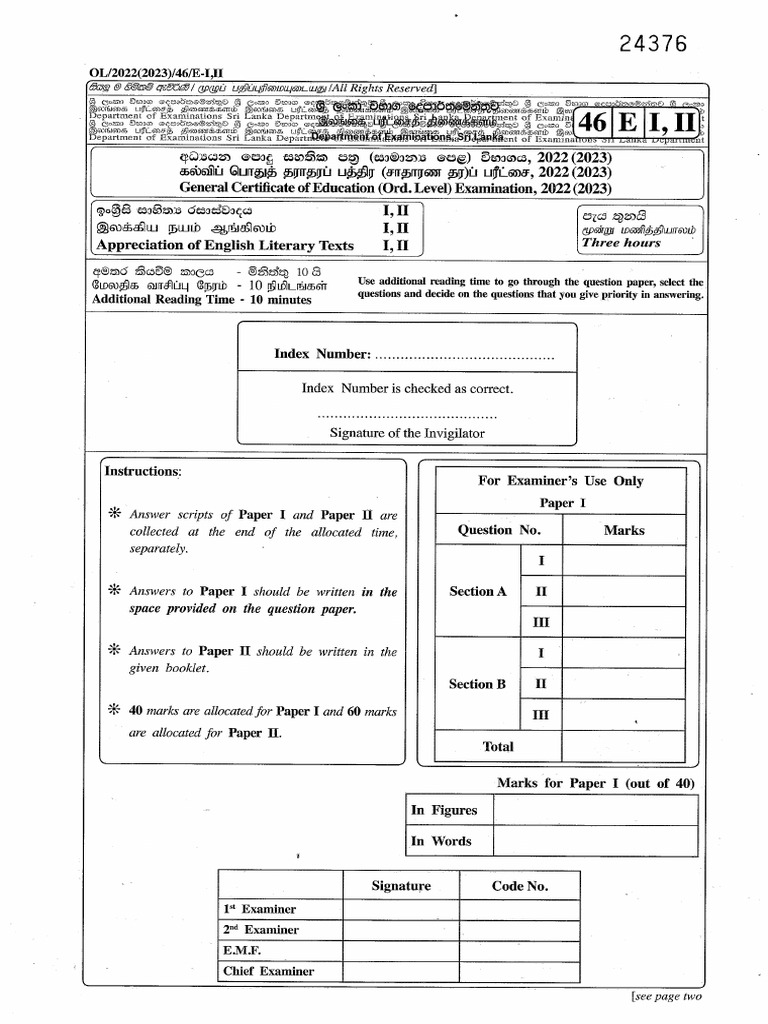 OL Appreciation of English Literary Texts Past Paper and Answers | PDF