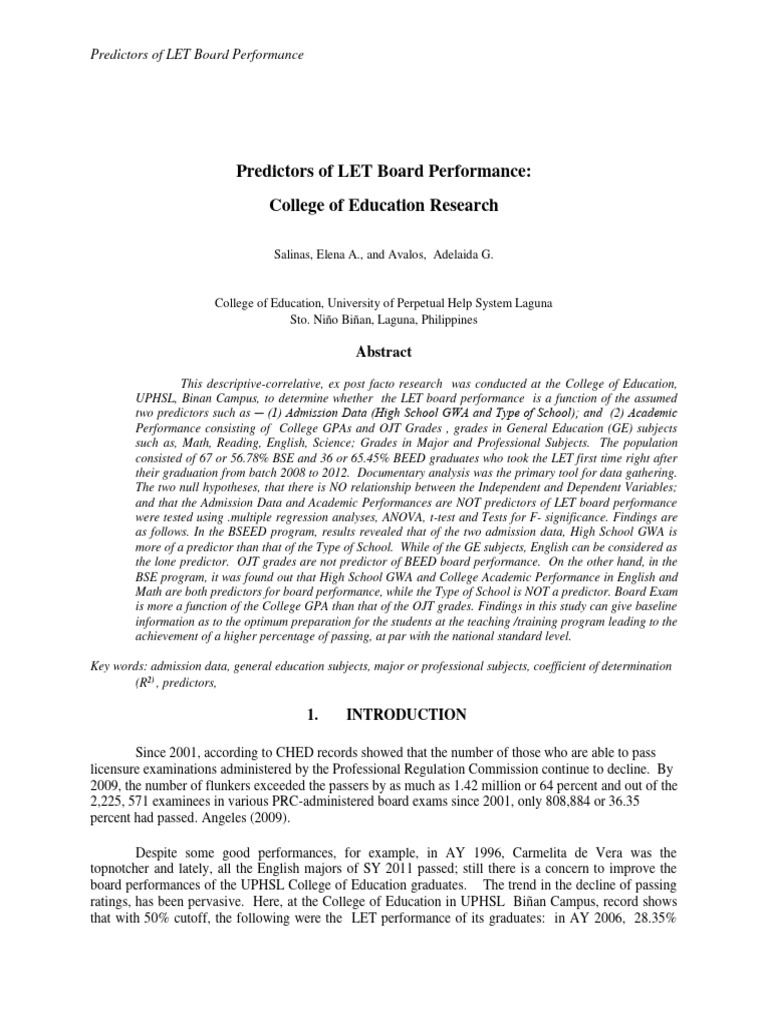 Predictors LET Board Performance | PDF | Coefficient Of Determination | P Value