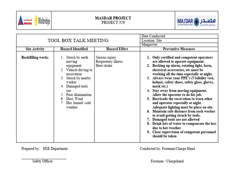 Toolbox Talk On Backfilling | PDF | Personal Protective Equipment ...