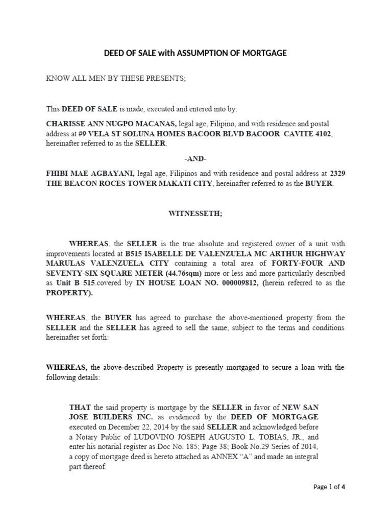 DEED OF SALE with ASSUMPTION OF MORTGAGE-FINAL | PDF | Mortgage Law ...