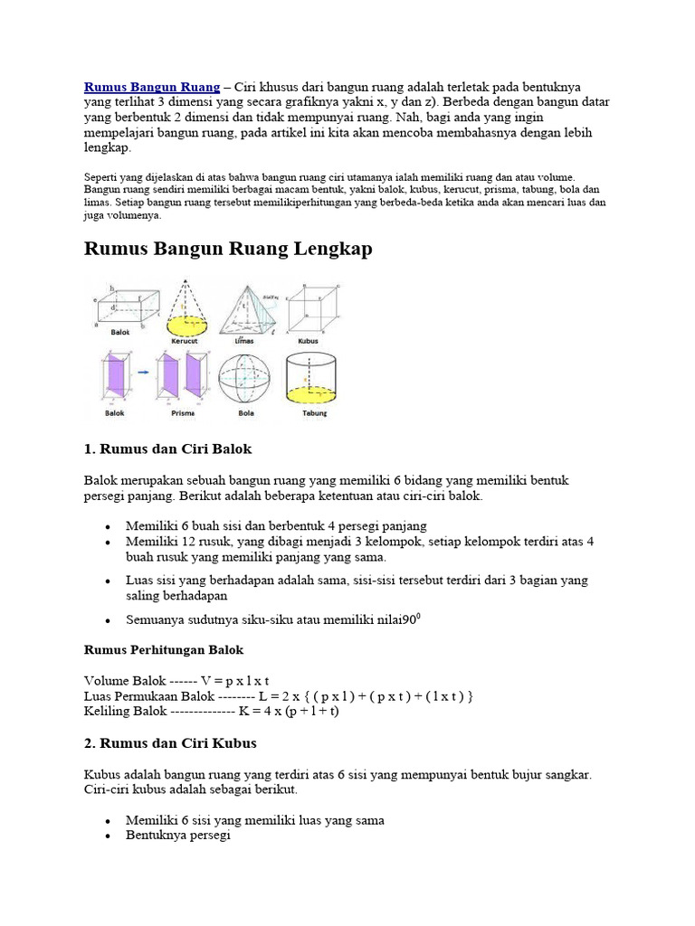 Rumus Lengkap Bangun Ruang Matematika | PDF | Metode & Bahan Ajar ...