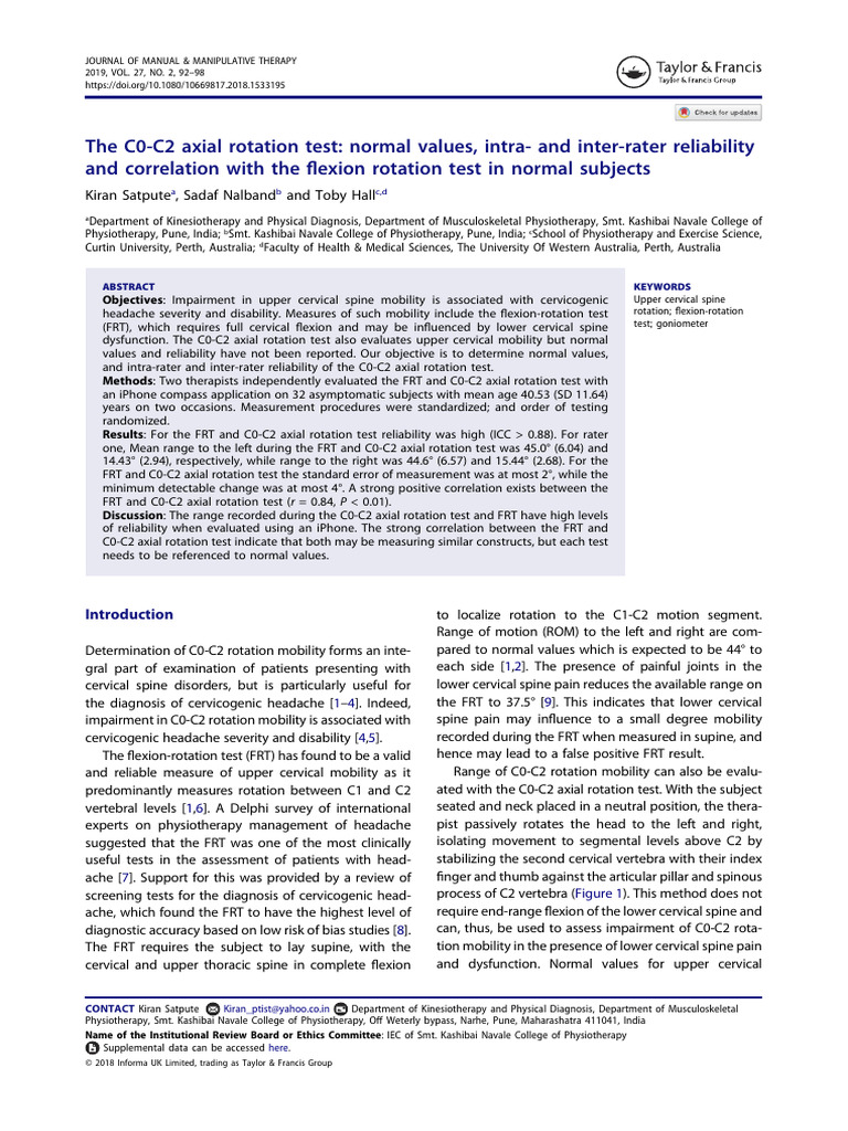 The C0-C2 Axial Rotation Test: Normal Values, Intra - and Inter-Rater ...