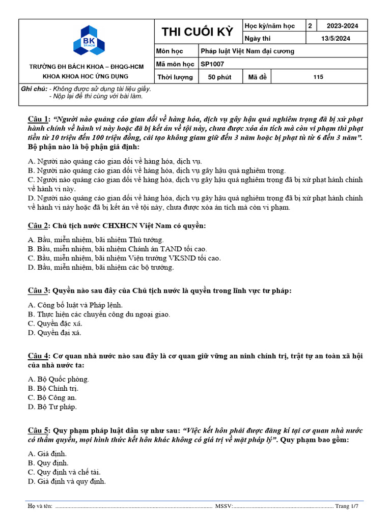 ĐỀ ÔN THI PLVNDC HK232 | PDF