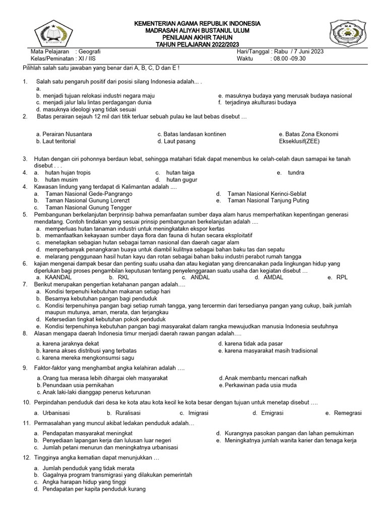 Soal Pat Geografi Xi Iis 2023 | PDF