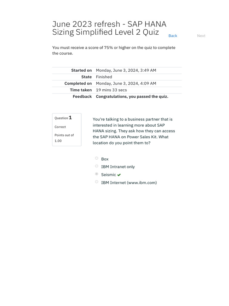 June 2023 Refresh - SAP HANA Sizing Simplified Level 2 Quiz - Attempt Review | PDF | Ibm Db2 ...