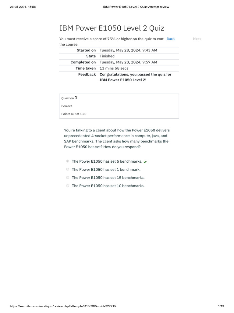 IBM Power E1050 Level 2 Quiz - Attempt Review | PDF | Cloud Computing | Virtualization