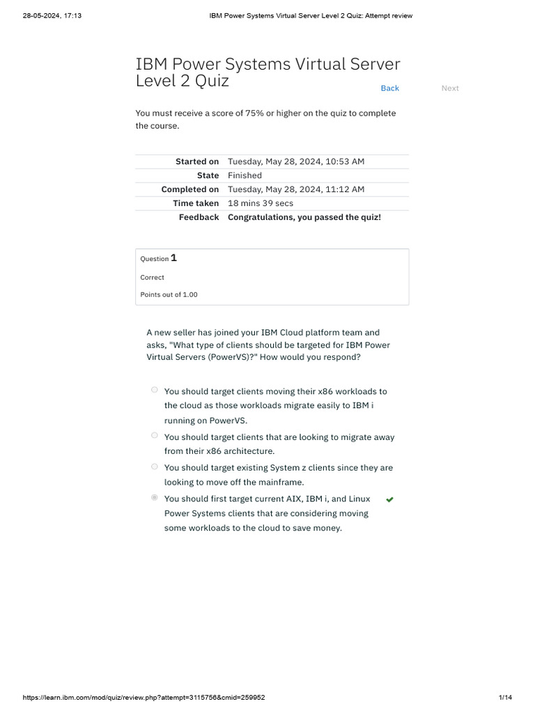 IBM Power Systems Virtual Server Level 2 Quiz - Attempt Review | PDF | Cloud Computing ...