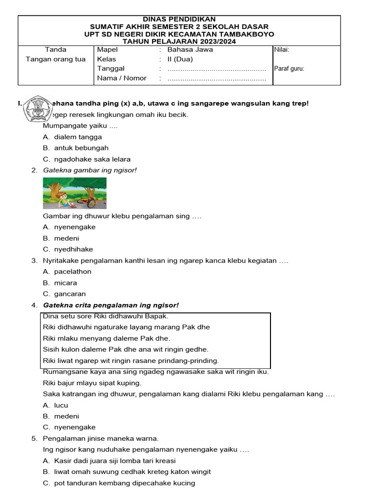 Soal Sumatif Akhir Tahun Kelas 2 Bahasa Jawa | PDF