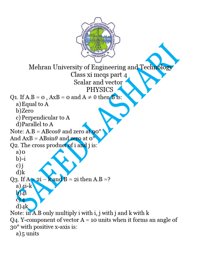 Class XI Physics MCQs: Scalars & Vectors | PDF | Drag (Physics) | Viscosity