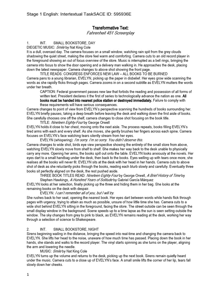 Fahrenheit 451 Transformative Task Example Screenplay | PDF