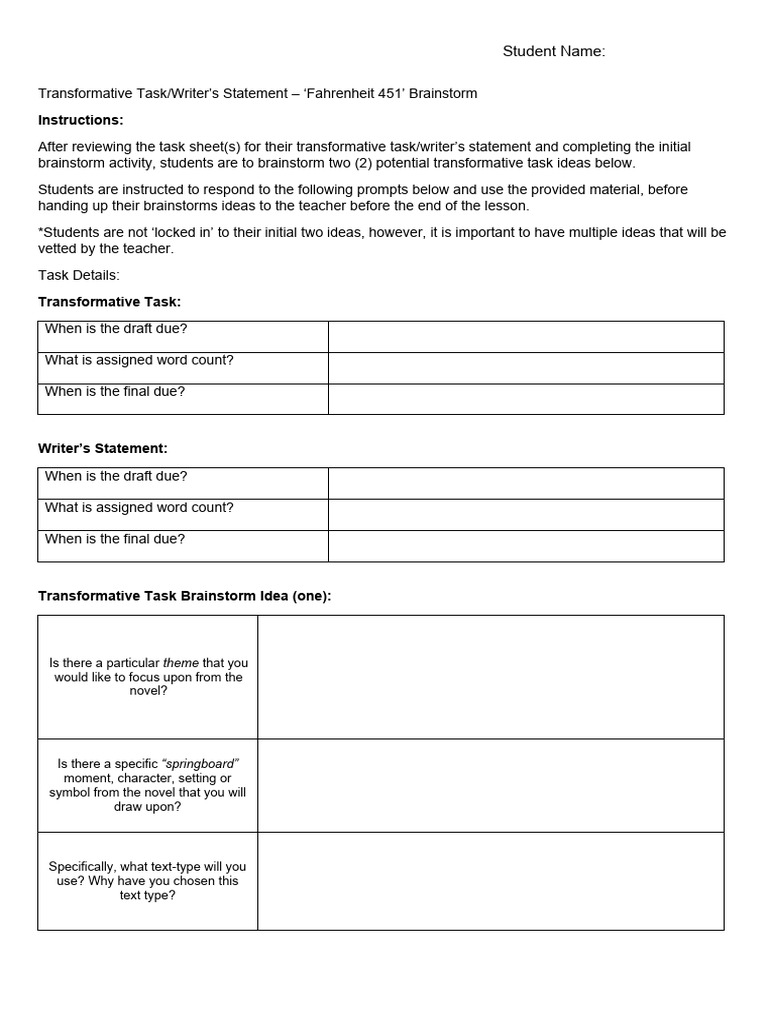 Fahrenheit 451 Transformative Task Brainstorm 2022 | PDF ...