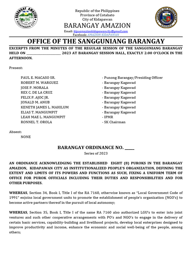 Purok Ordinance 2023 | PDF | Non Governmental Organization | Presidents ...