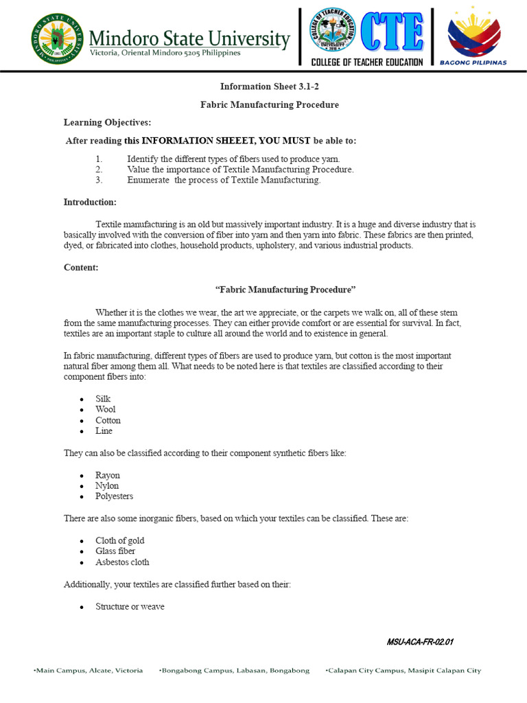 CBLM Information Sheet Task Sheet | PDF | Textiles | Yarn