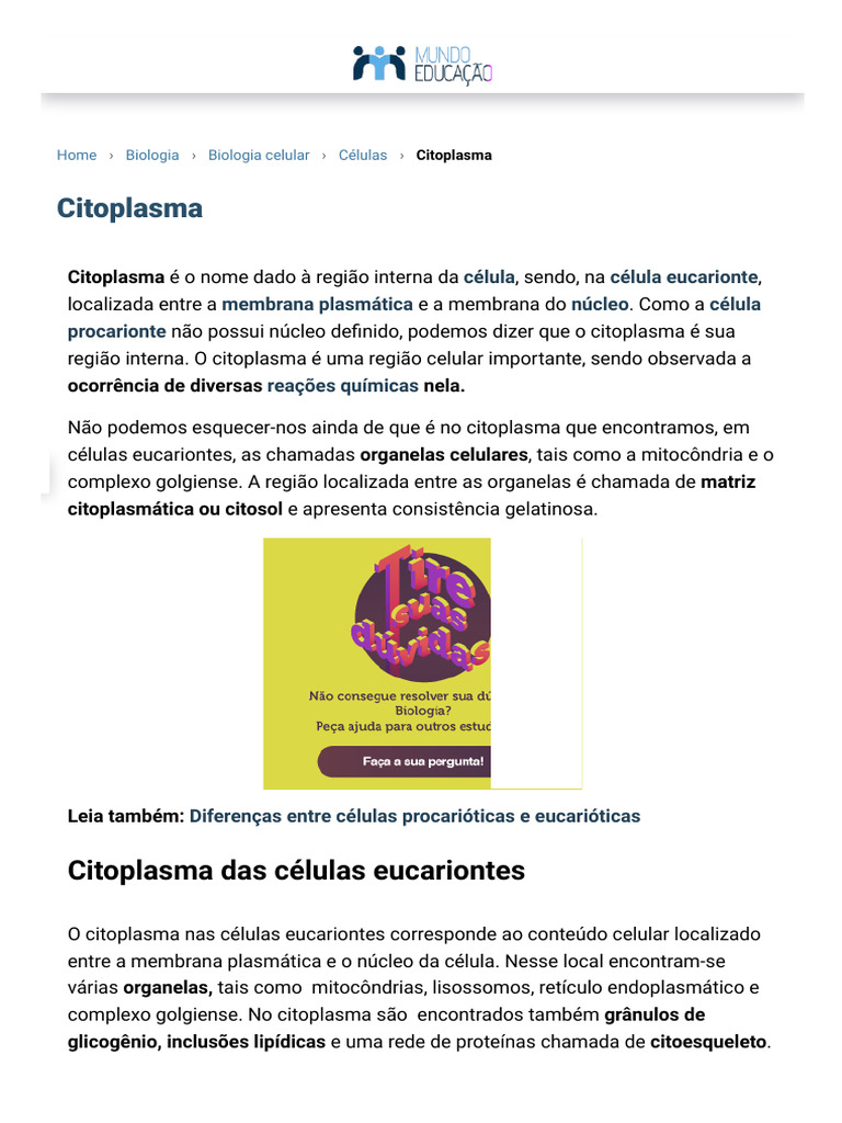 Citoplasma - o Que É Funções, Organelas Celulares - Mundo Educação ...