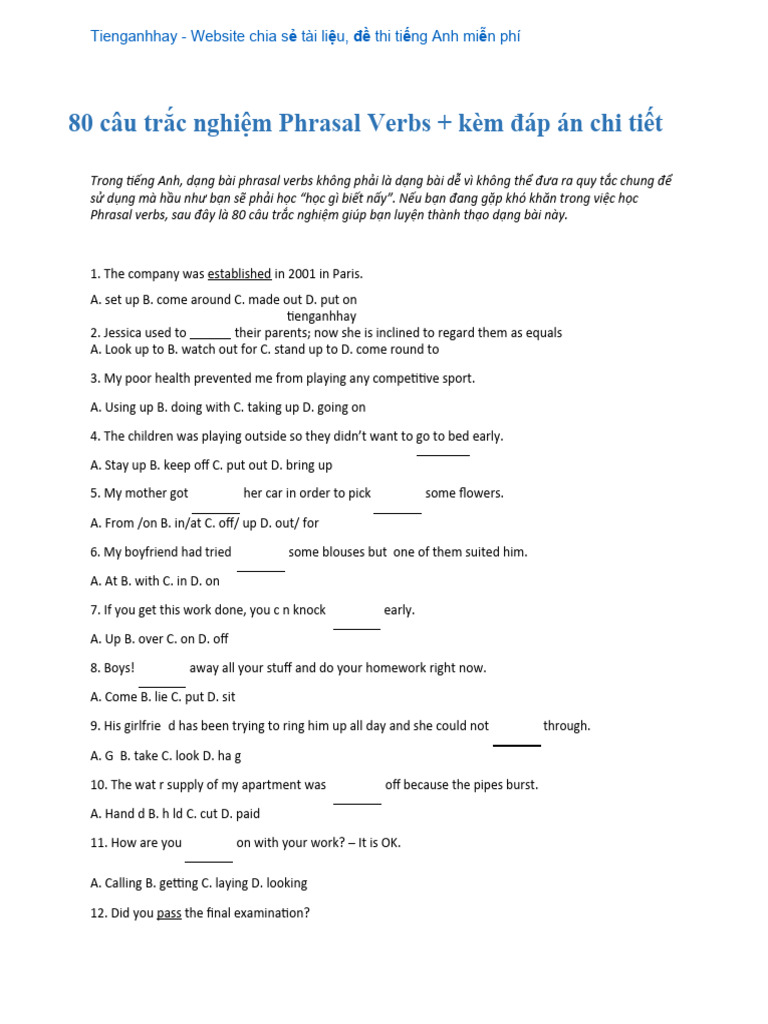 80 Cau Trac Nghiem Phrasal Verbs | PDF