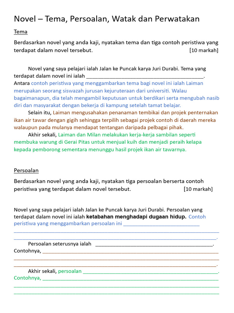 Novel - Soalan Tema, Persoalan, Watak Dan Perwatakan | PDF