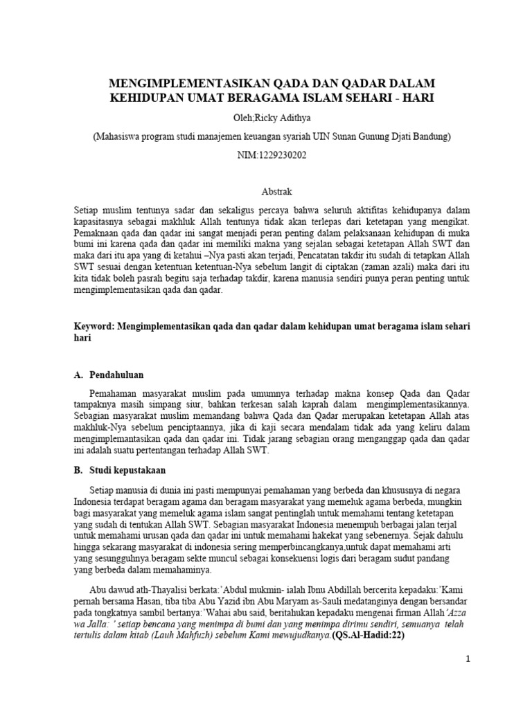 Implementasi Qada dan Qadar dalam Islam | PDF | Filsafat