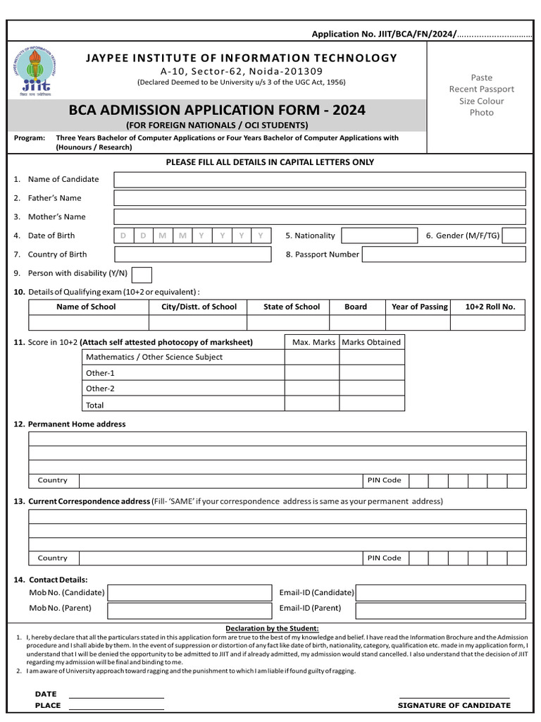 Int BCA Appl Form 2024 | PDF