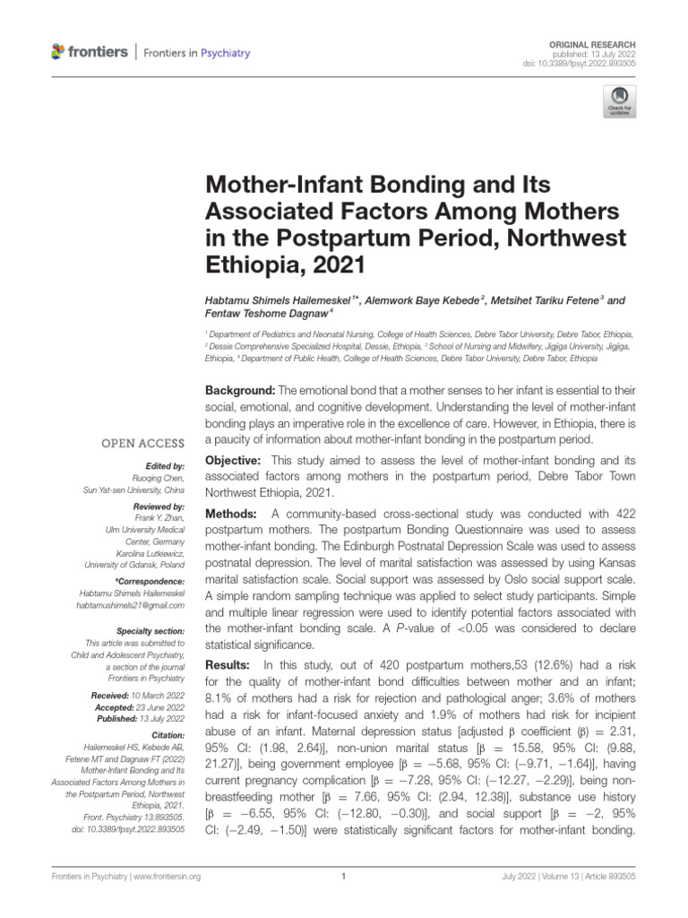 Mother-Infant Bonding and Its Associated Factors Among Mothers in The ...