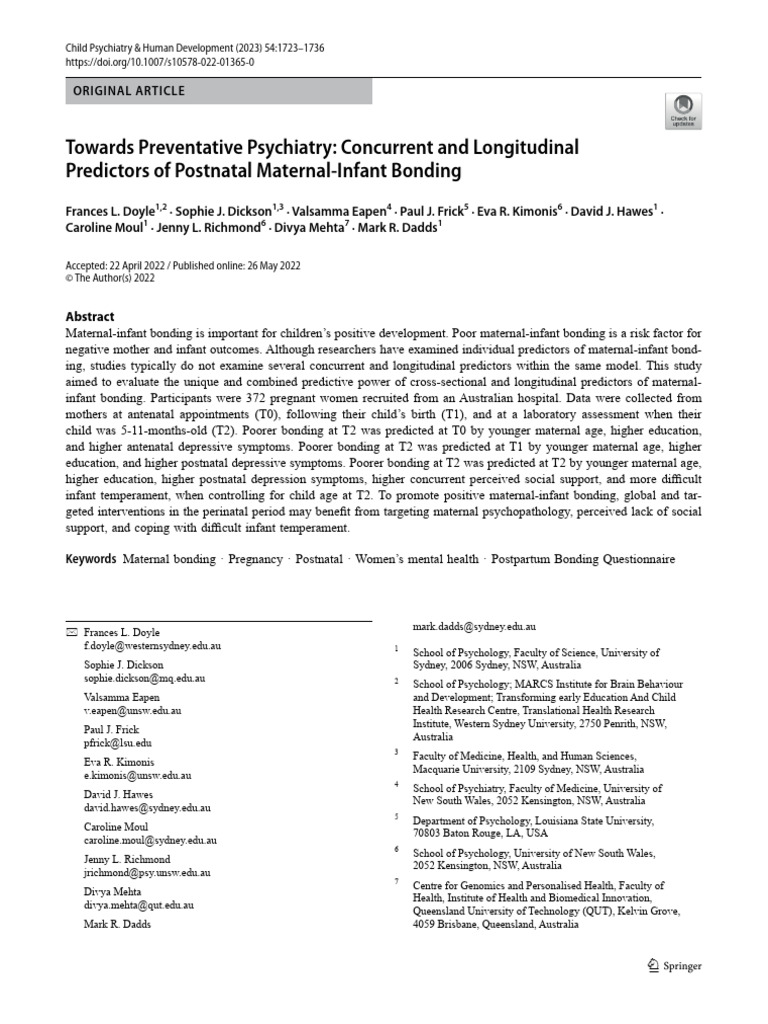 Towards Preventative Psychiatry: Concurrent and Longitudinal Predictors of Postnatal Maternal ...