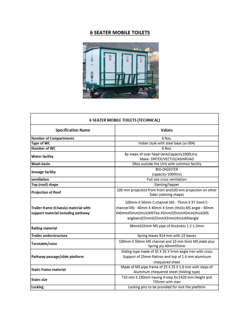 6-10 Seater Mobile Toilet Specifications | PDF | Door | Pipe (Fluid ...