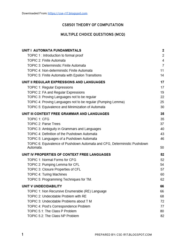 Theory of Computation MCQs | PDF | Regular Expression | Automata Theory