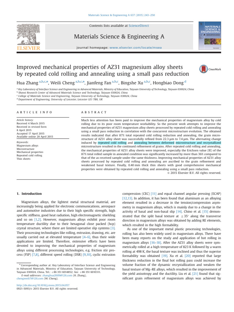 Improved Mechanical Properties of AZ31 Magnesium Alloy Sheets by Repeated Cold Rolling and ...