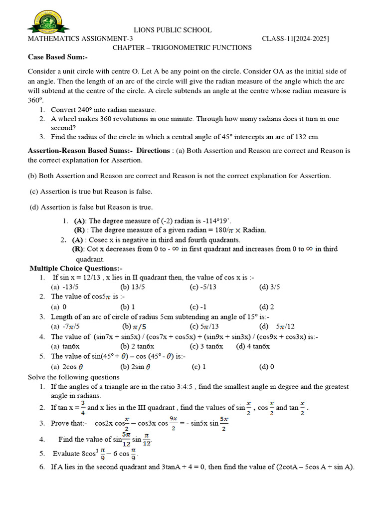 'Assignment Class 11 CH 3 ' With You | PDF | Trigonometric Functions | Angle